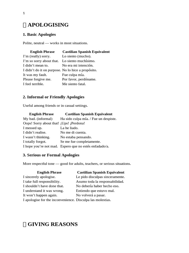 Apologising and Giving Reason B1 | PDF