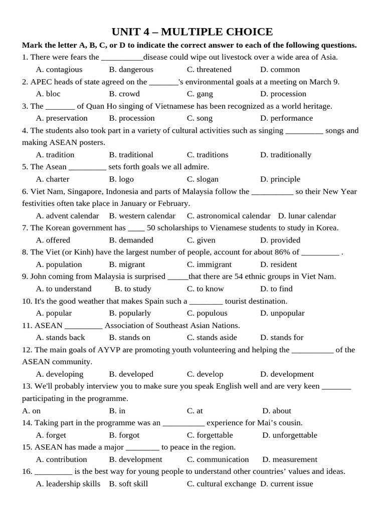 Unit 4 - Multiple Choice | PDF | Vietnamese People | Vietnam