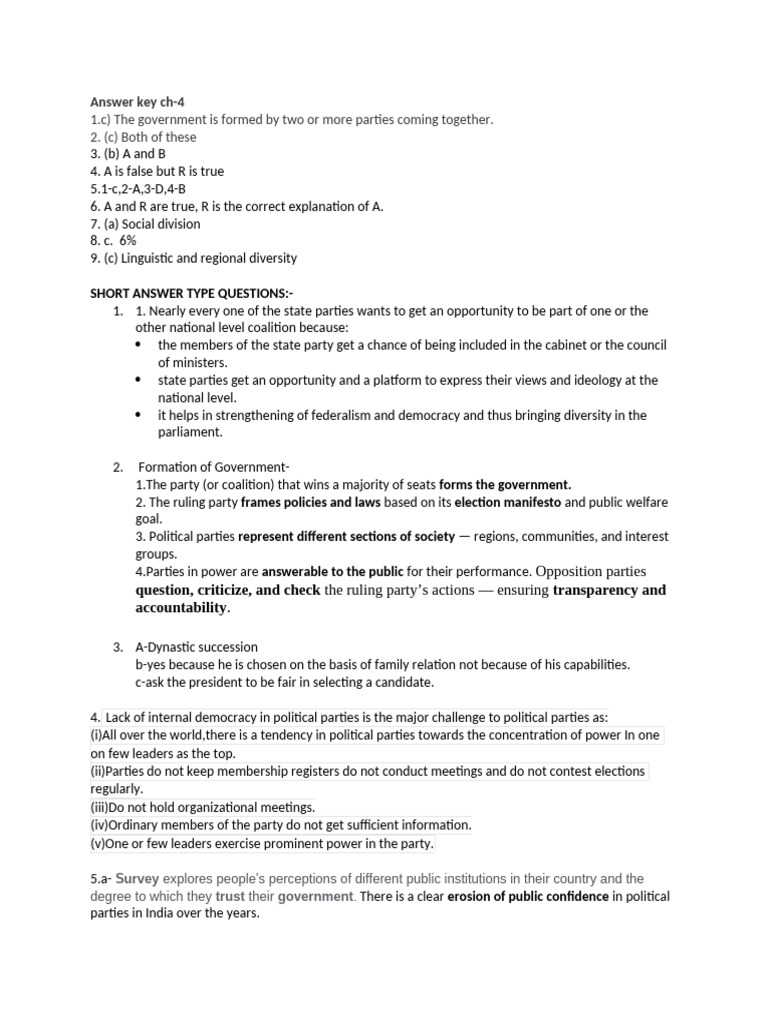 Ch-4 Political Parties Answer Key-1 | PDF