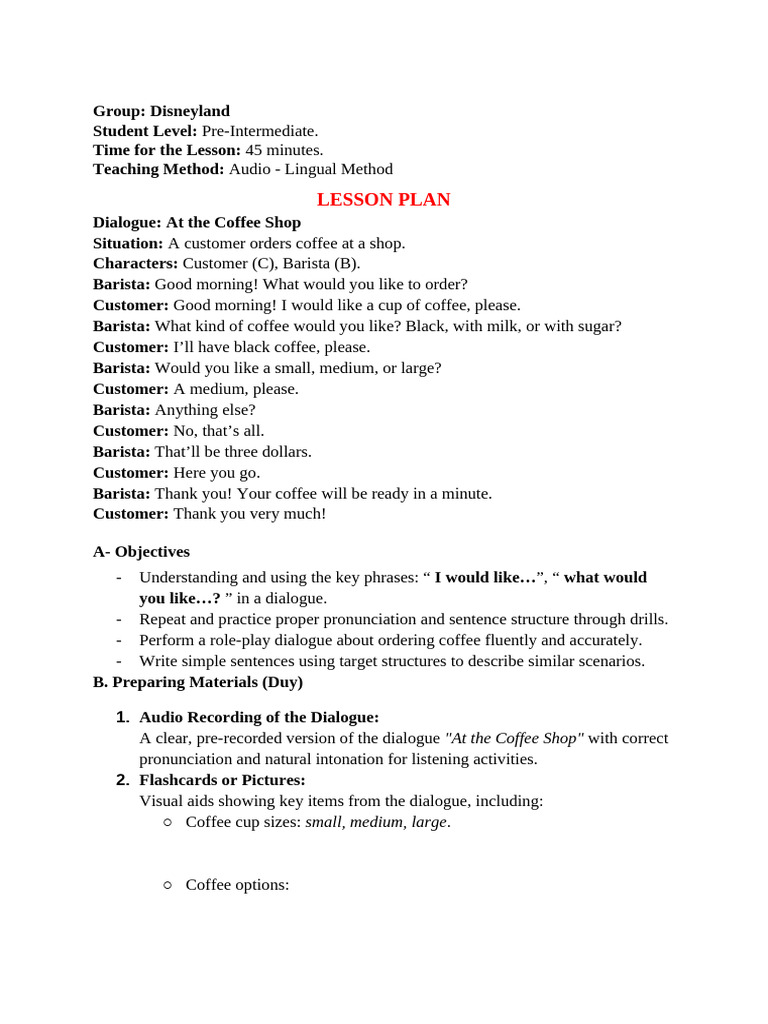 Disneyland Audio Lingual Method (Fixed) Lesson Plan | PDF