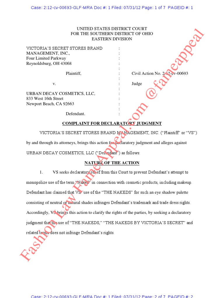Victoria's Secret V Urban Decay Naked Makeup Trademark Complaint | PDF | Declaratory Judgment ...
