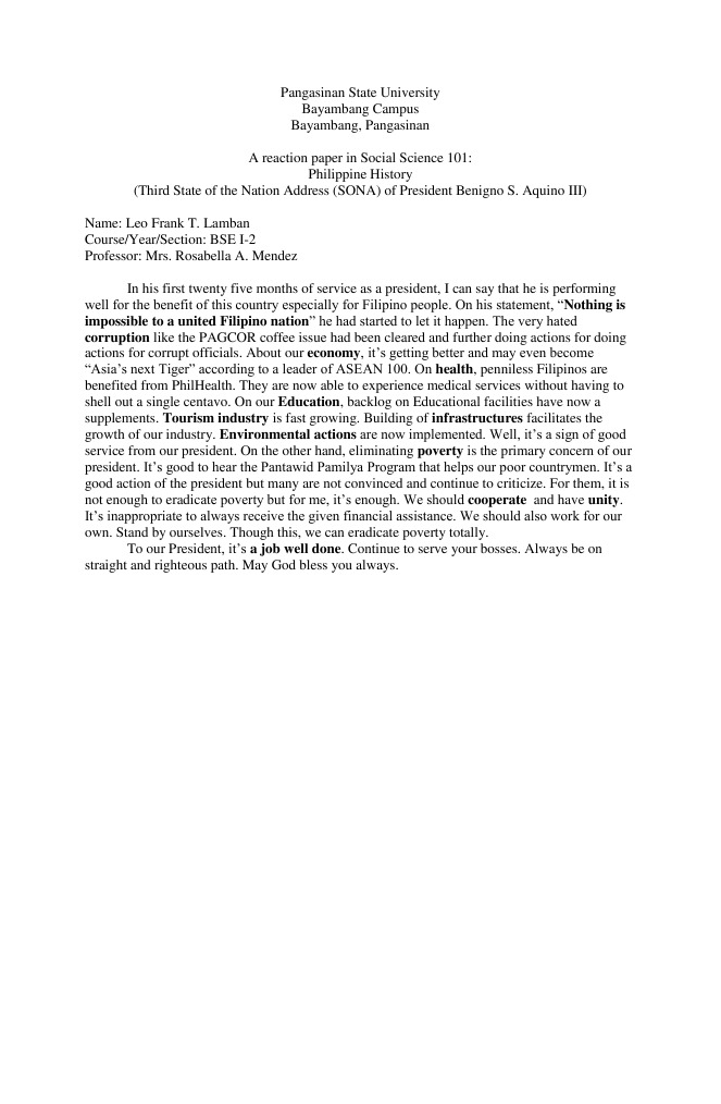 Aquino's 3rd SONA Reaction Paper | PDF