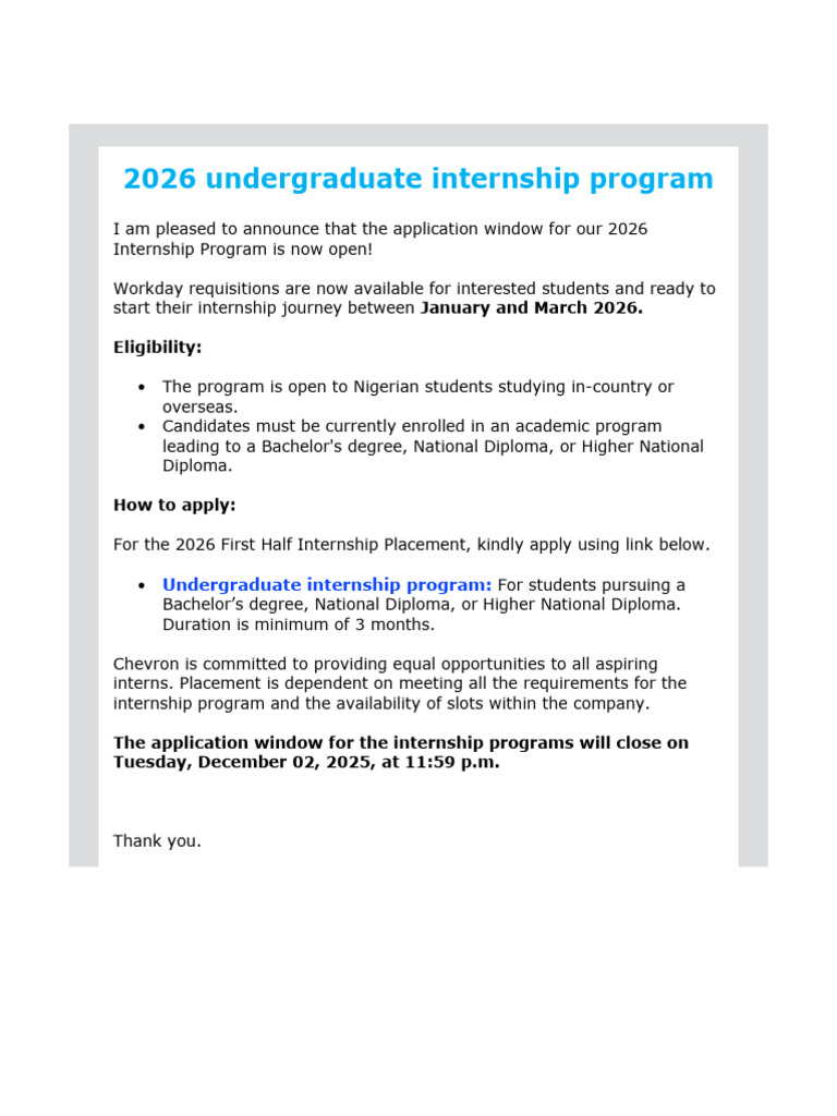 Internship Message January - June 2026 | PDF