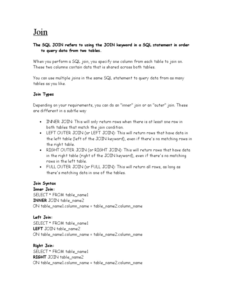 The SQL JOIN Refers To Using The JOIN Keyword in A SQL Statement in ...