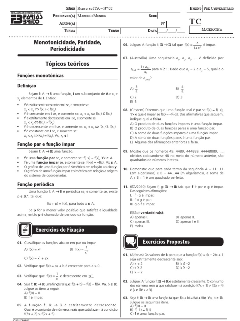514 Funcoes Exercicios Monotonicidade Paridade Periodicidade Farias ...