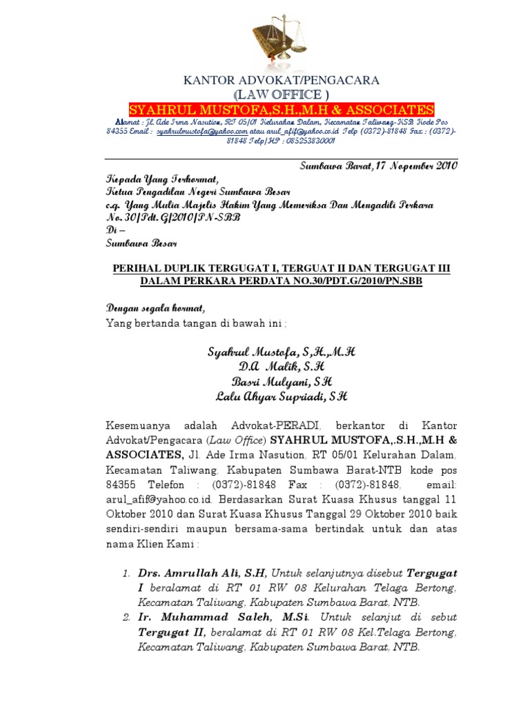 Duplik Kasus Perdata Mantan Sekda KSB | PDF