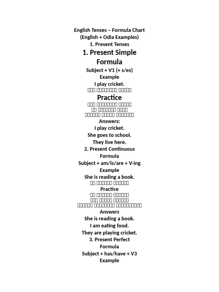 English Tenses - Formula Chart | PDF