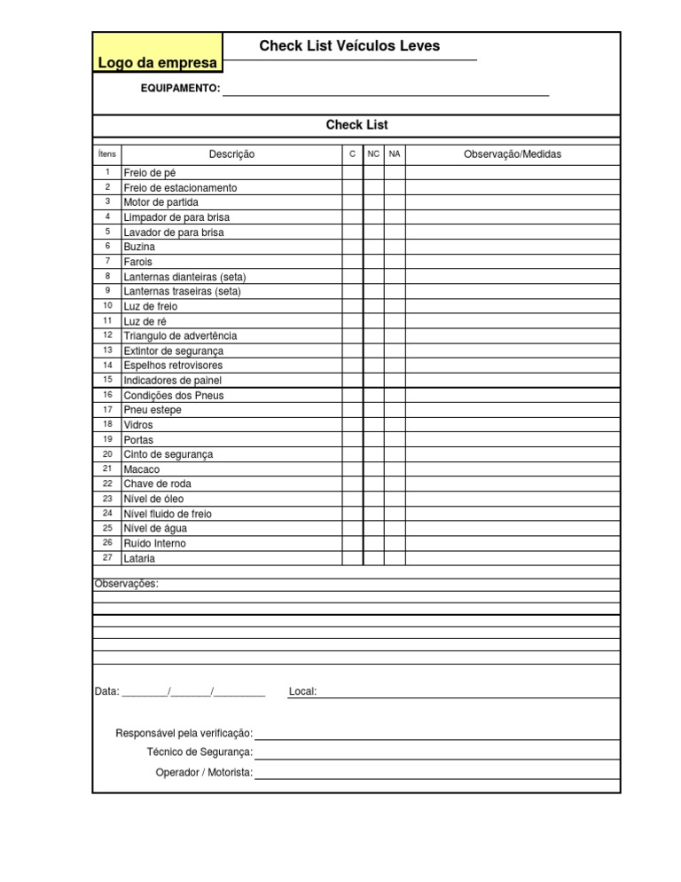 Check List veículos leves