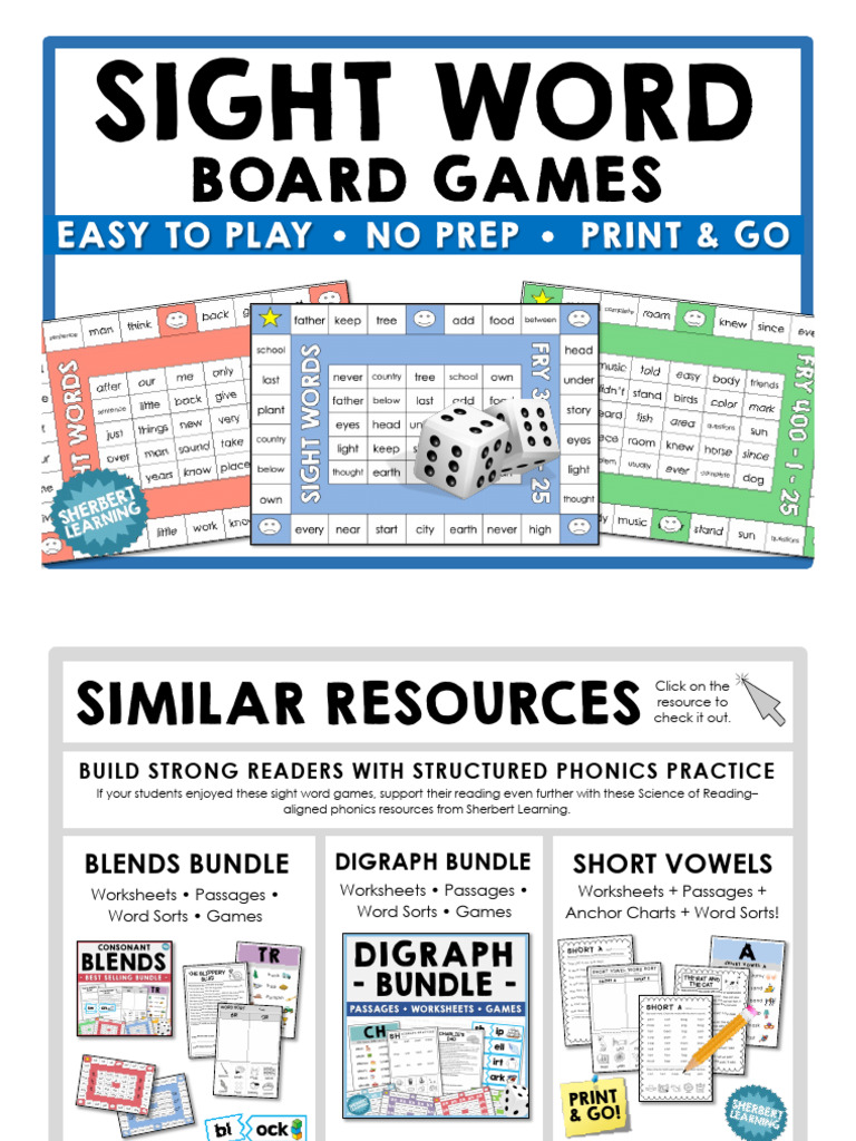 Sight Word Board Games - Sherbert Learning FREEBIE | PDF