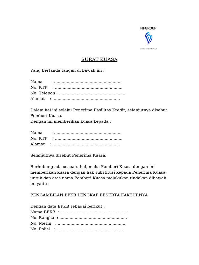 Surat Kuasa FIFGROUP Persis Template-1 | PDF