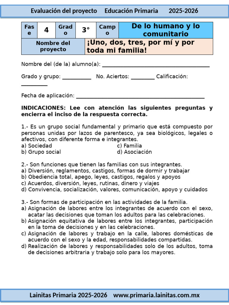 3er Grado Marzo - Examen 01 Uno, Dos, Tres, Por Mí y Por Toda Mi ...