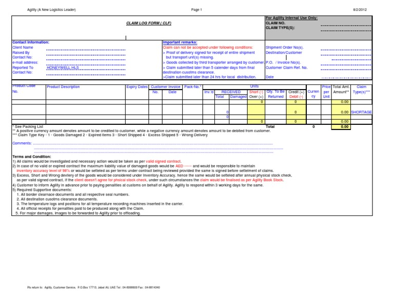 Agility Claim Log Form (CLF) for Recording and Investigating Claims ...