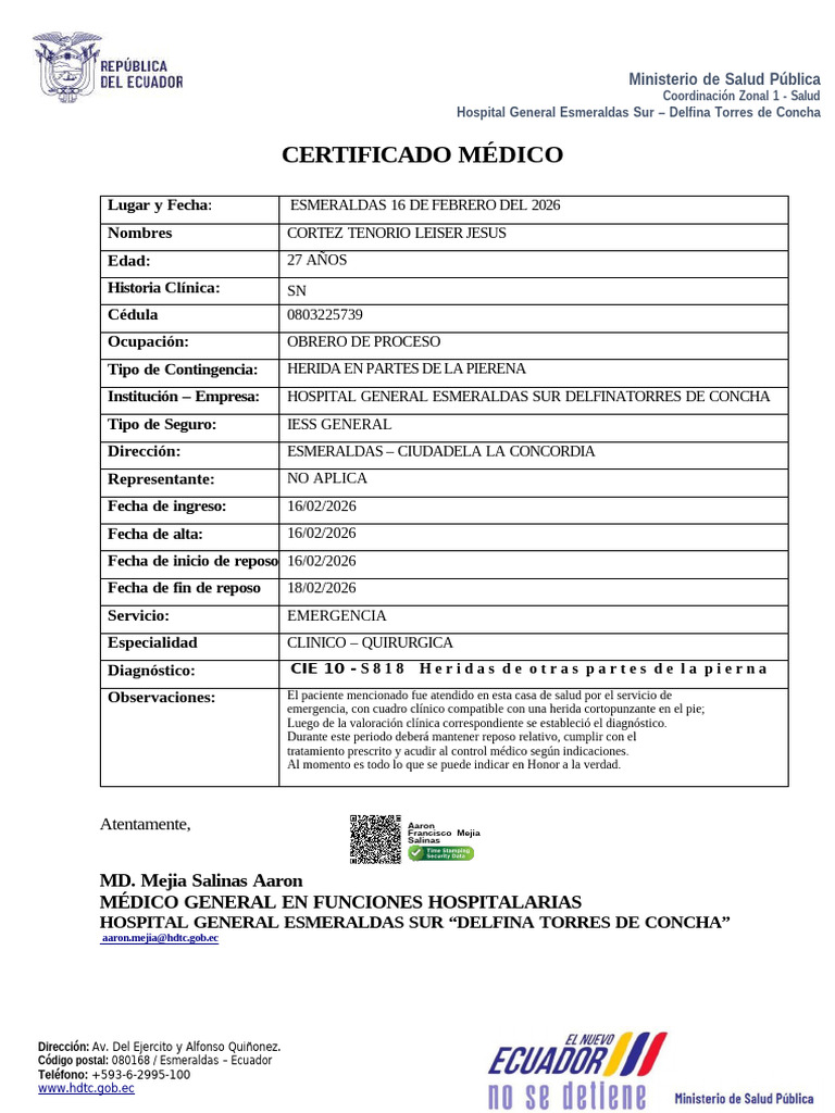 Certificado Medico Cortez Tenorio Signed | PDF | Hospital | Servicios ...