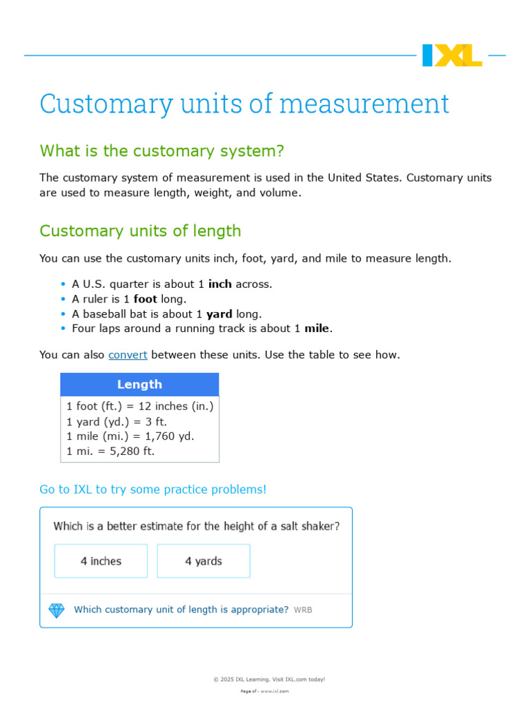 IXL Customary Units of Measurement | PDF