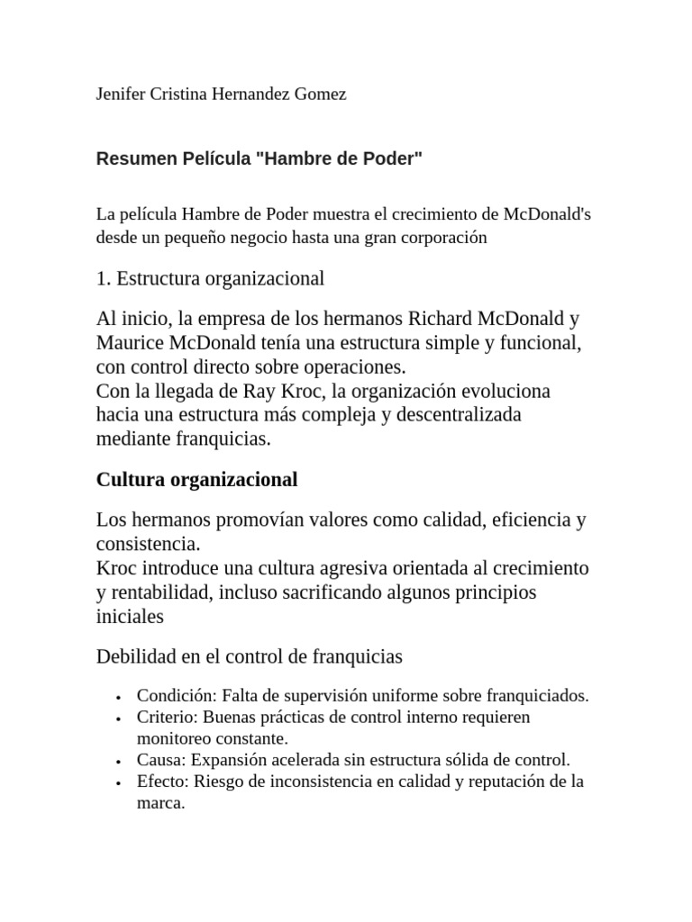 Resumen Película Hambre de Poder | PDF