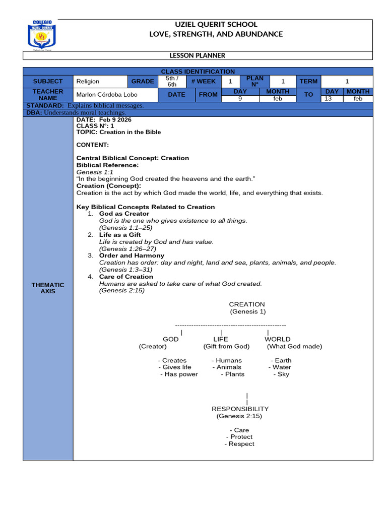 Religion 5 - 11 Lesson Planner. | PDF | Genesis Creation Narrative | God