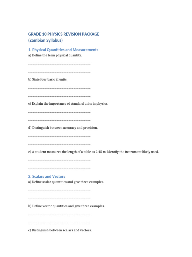 Grade 10 Physics Revision Package | PDF | Force | Pressure