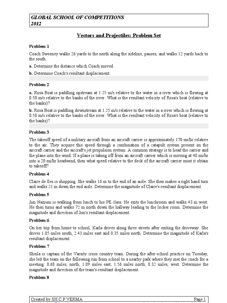 Vectors and Projectiles - Problem Set | PDF | Trajectory | River