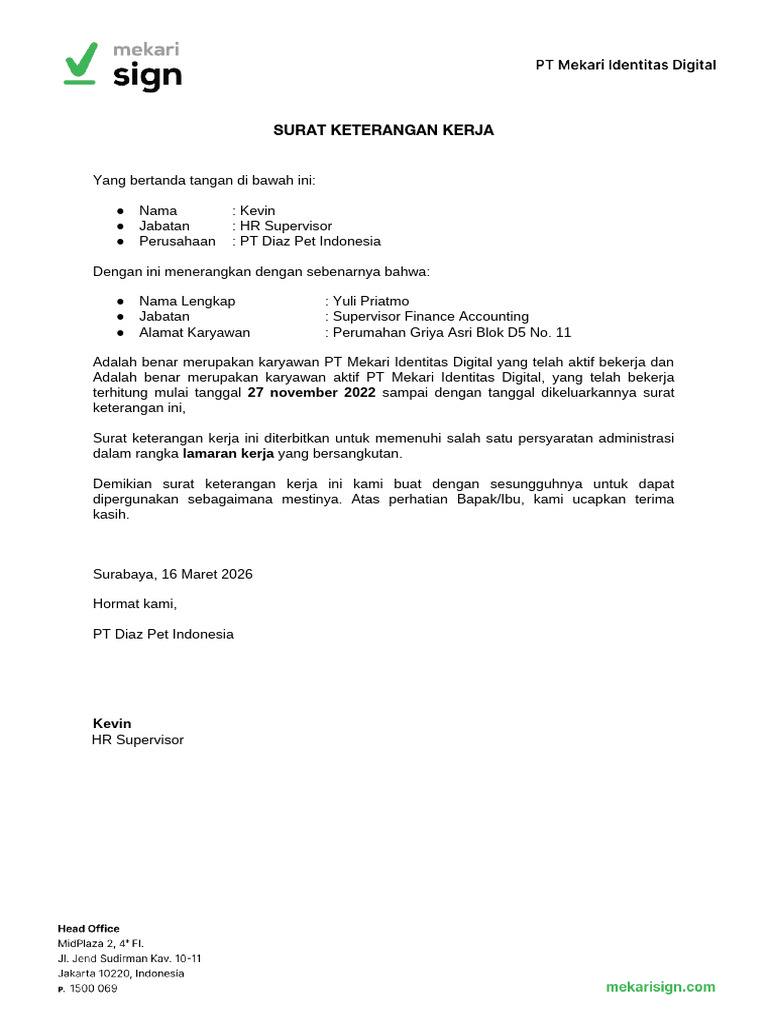 Contoh Surat Keterangan Kerja Untuk Kuliah Mekari Sign 1 | PDF