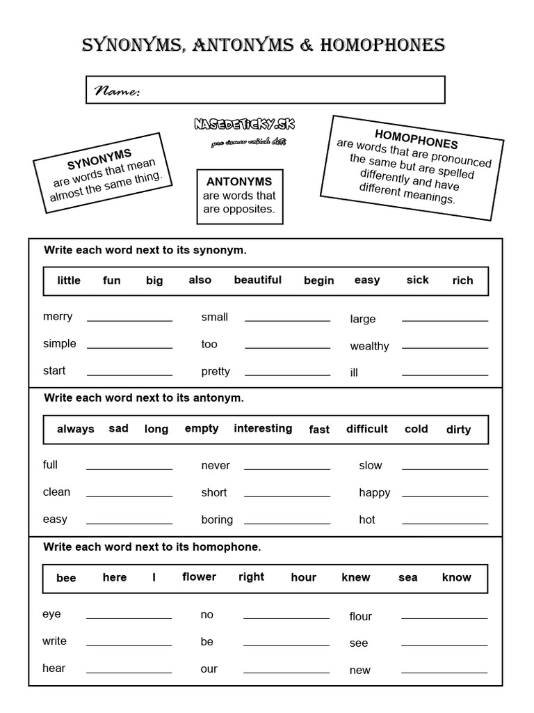 Worksheet Synonyms Antonyms Homophones | PDF