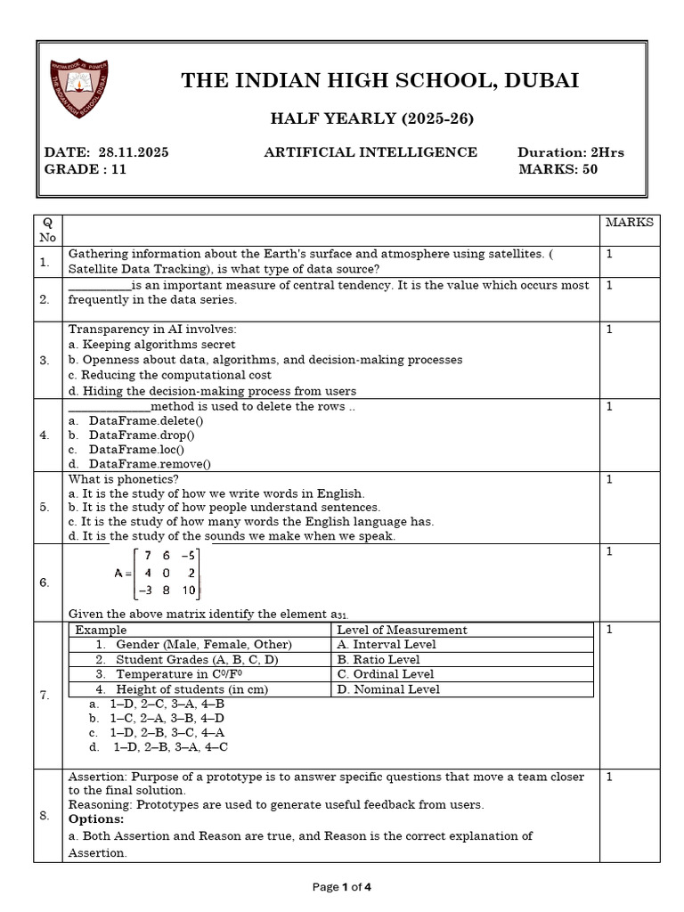 Grade 11 Half Yearly Ai Question Paper 2025-2026 | PDF | Artificial ...