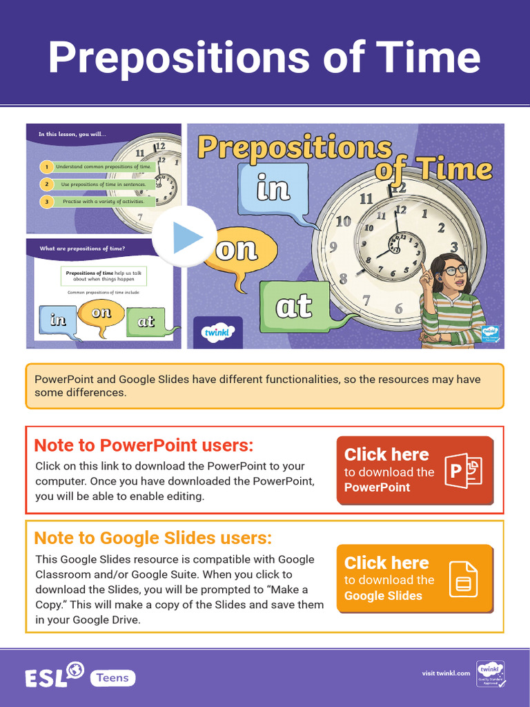 T 1699377078 Esl Prepositions of Time Powerpoint Teens A1 A2 Ver 2 | PDF
