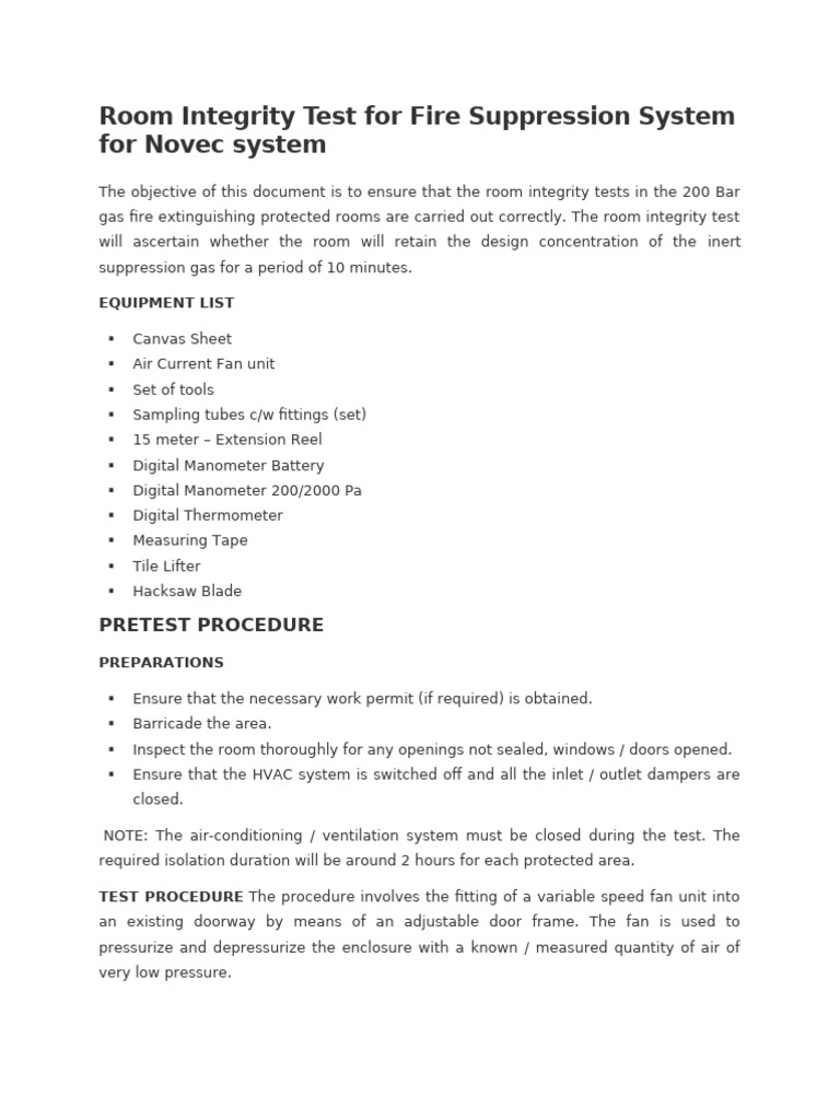 Room Integrity Test For Fire Suppression System For Novec System | PDF ...