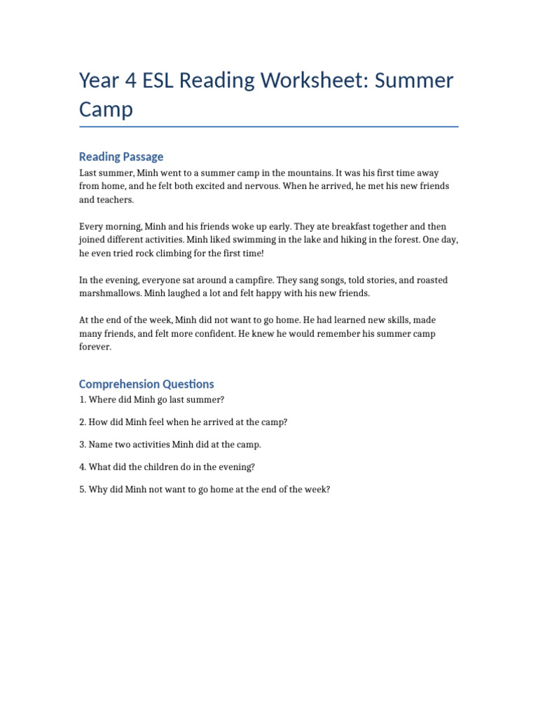 Summer Camp Reading Worksheet | PDF