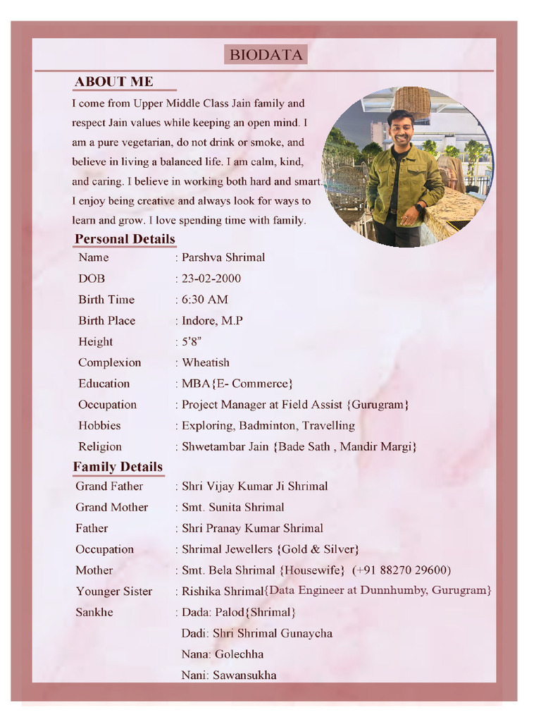 Parshva Shrimal Jain Biodata | PDF