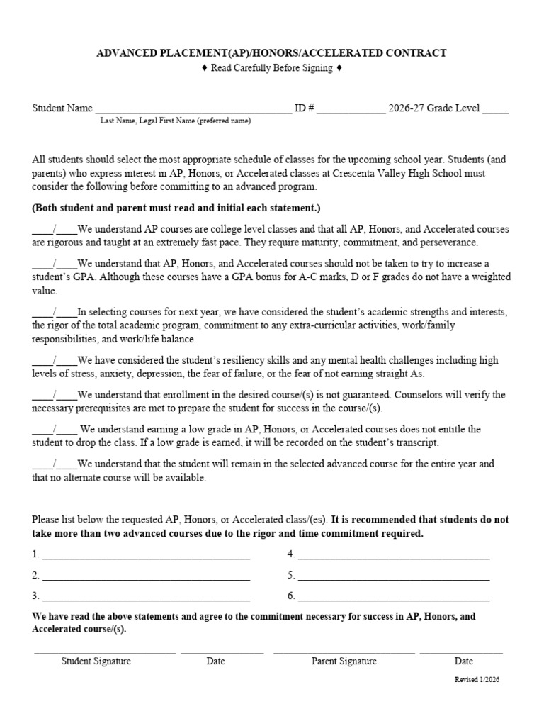 Microsoft Word - 26-27 AP - Honors - Advanced - Contract | PDF | Psychology