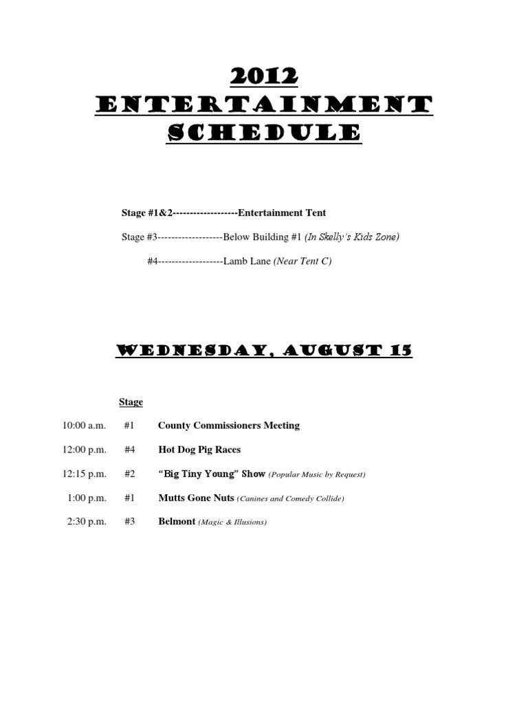 2012 Entertainment Schedule | PDF | Leisure | Entertainment (General)
