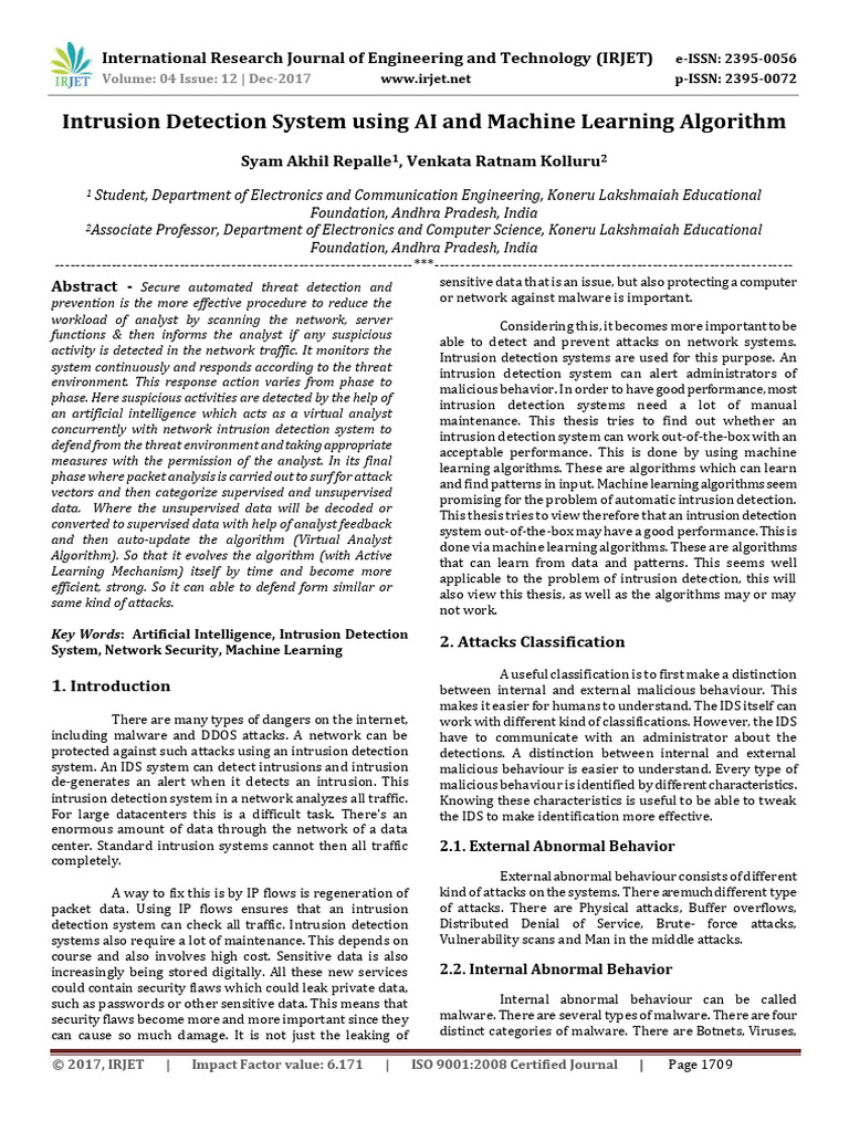 Intrusion Detection System Using AI and | PDF | Machine Learning | Malware