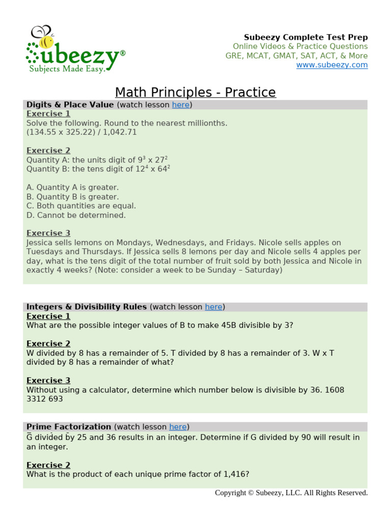 Math Principles Practice | PDF | Percentage | Decimal