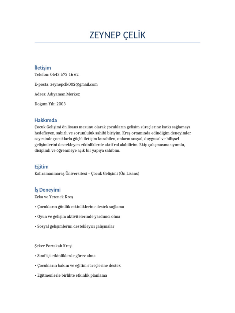 Zeynep Celik CV Duzenlenmis | PDF