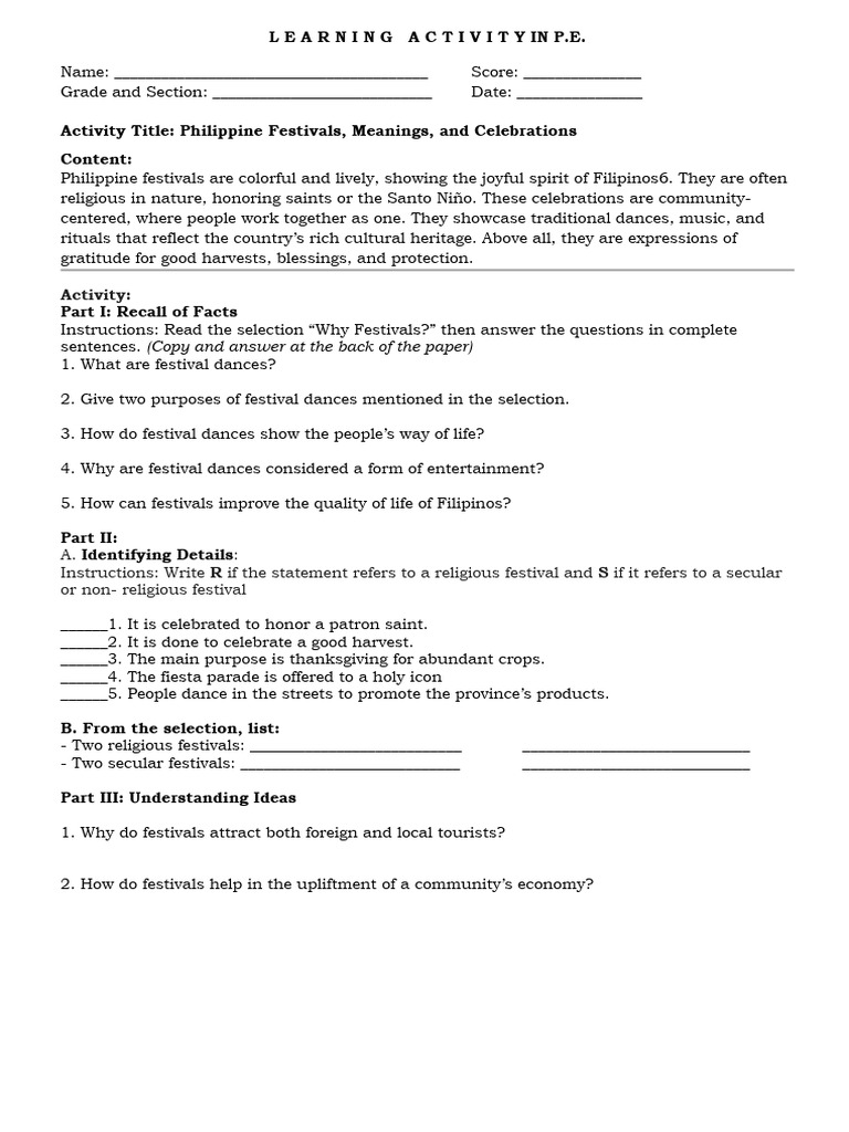 Philippine Festivals Learning Activity | PDF