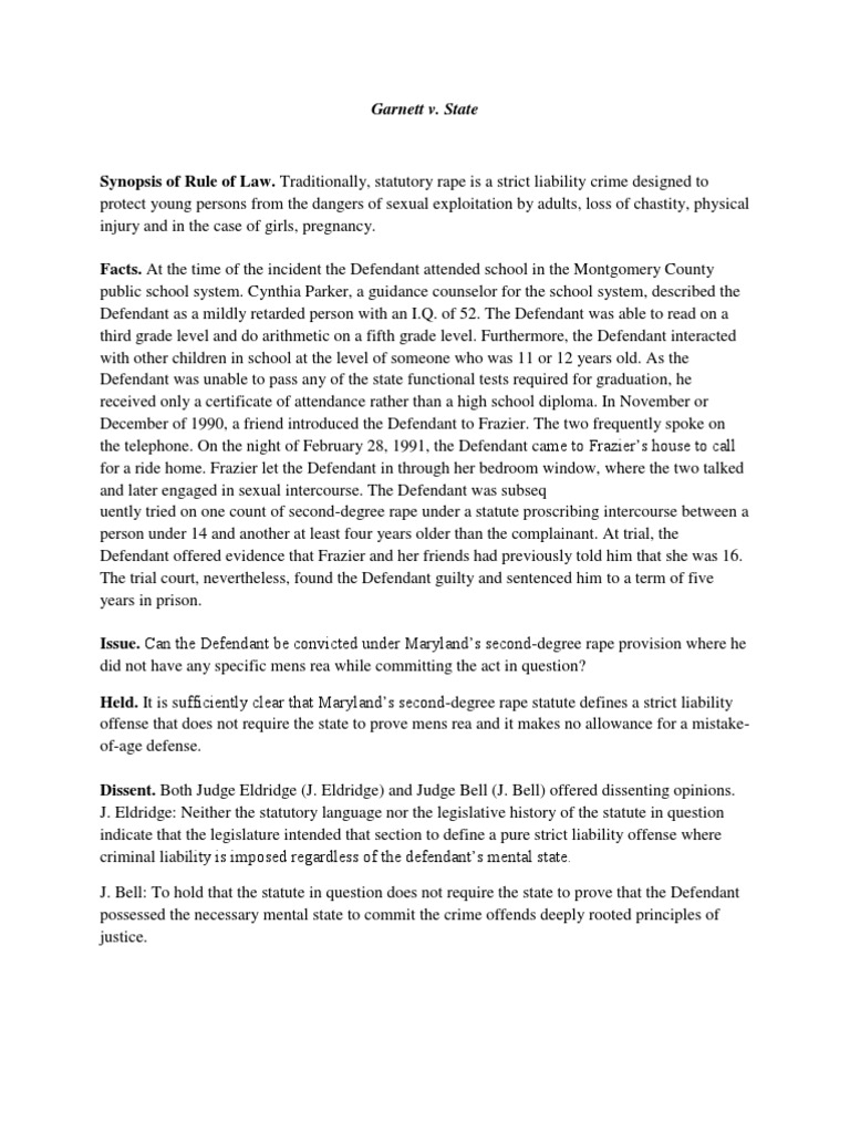 Garnett V State (Statutory Rape SL Crime) | PDF | Mens Rea | Strict ...