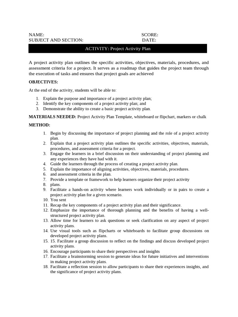 Project Activity Plan Activity | PDF | Brainstorming | Cognition