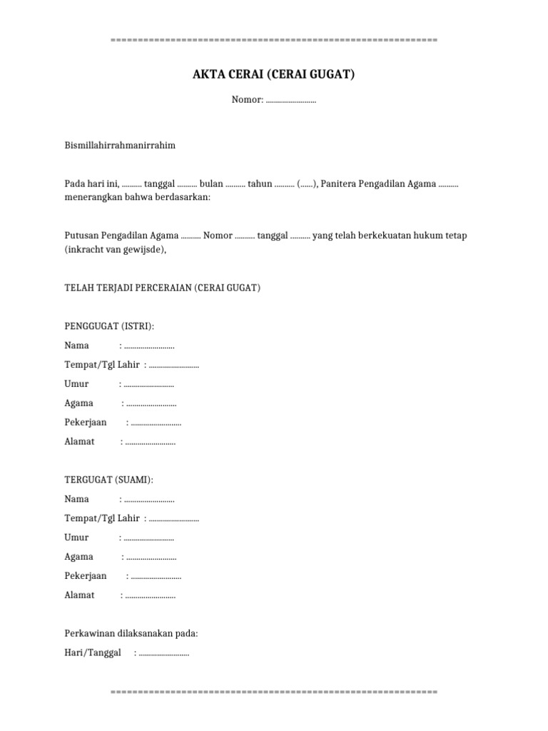 Akta Cerai Cerai Gugat | PDF
