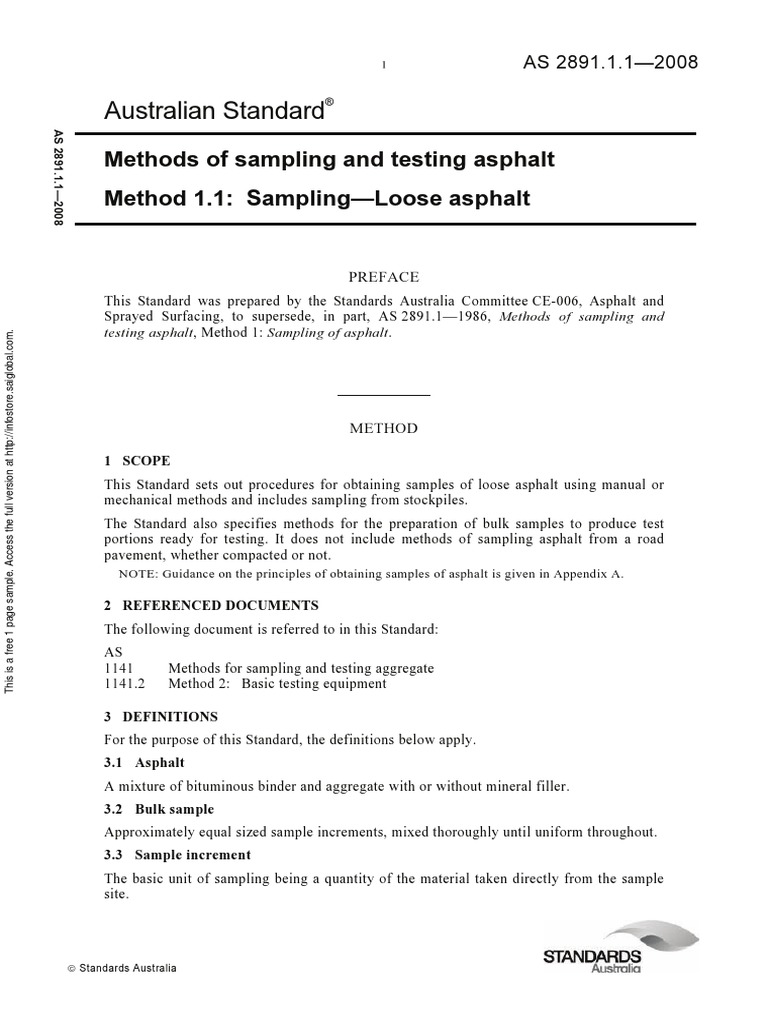 As 2891.1.1-2008 Methods of Sampling and Testing Asphalt Sampling ...