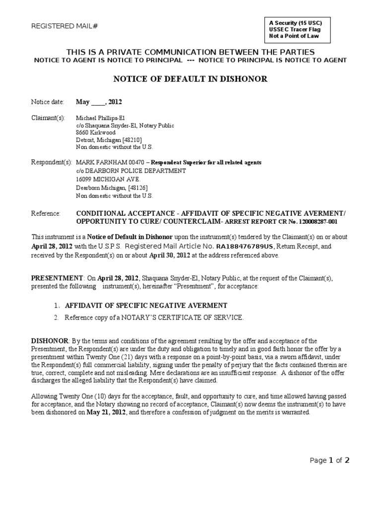 Notice of Default in Dishonor Farn | Notary Public | Registered Mail