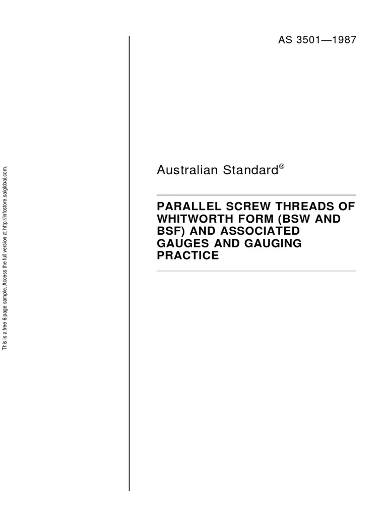 As 3501-1987 Parallel Screw Threads of Whitworth Form (BSW and BSF) and ...