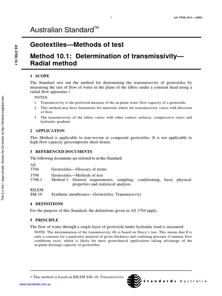 As 3706.10.1-2001 Geotextiles - Methods of Test Determination of ...