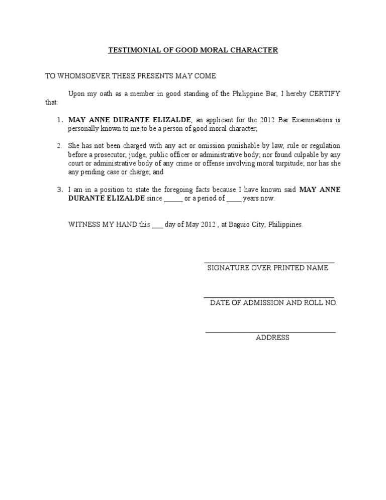 Testimonial of Good Moral Character | PDF | Legal Procedure | Public Law
