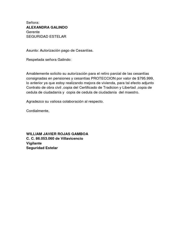 Carta Retiro de Cesantias Carta Retiro de Cesantias