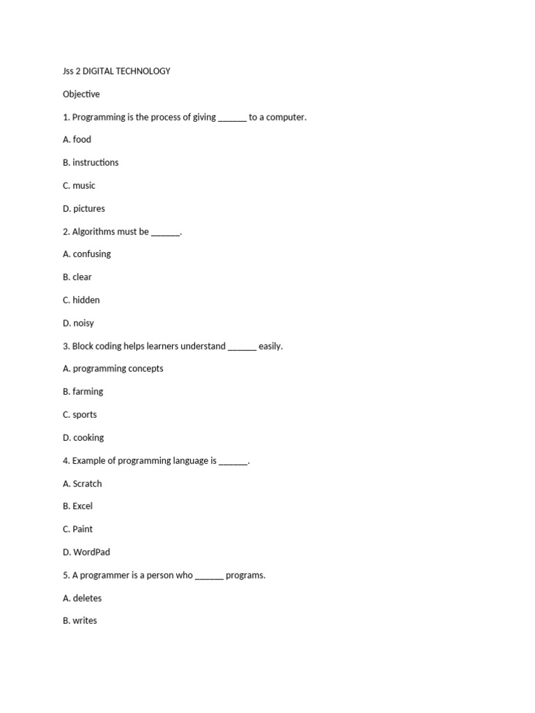 Jss 2 Digital Technology Exam | PDF | Control Flow | Computer Programming