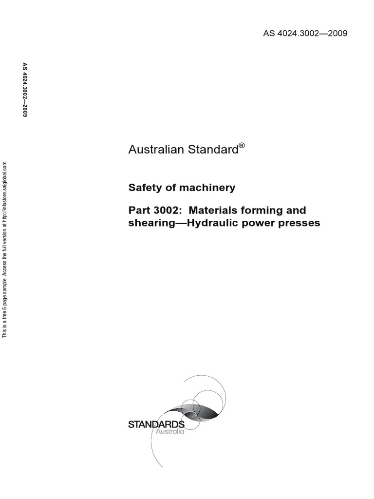 As 4024.3002-2009 Safety of Machinery Materials Forming and Shearing ...