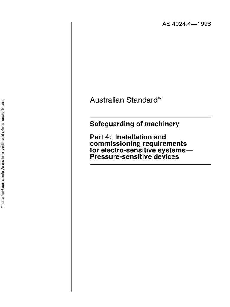 As 4024.4-1998 Safeguarding of Machinery Installation and Commissioning ...