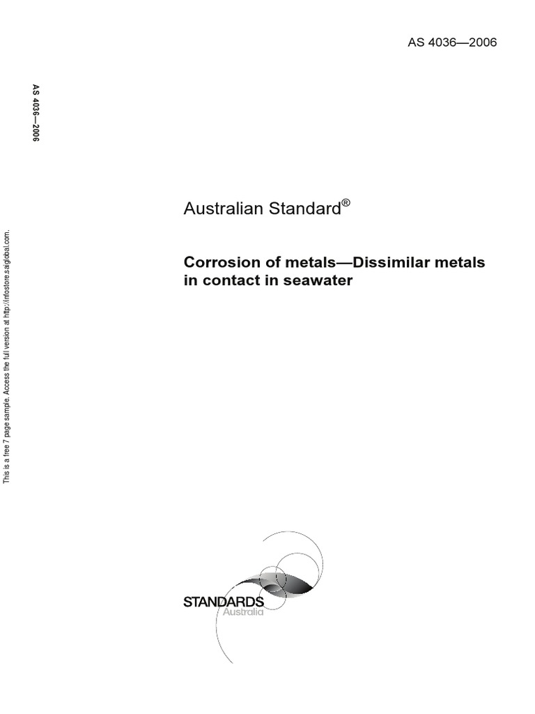 As 4036-2006 Corrosion of Metals - Dissimilar Metals in Contact in ...