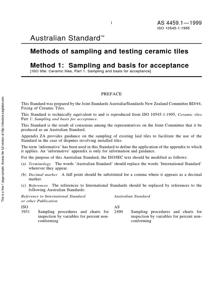 As 4459.1-1999 Methods of Sampling and Testing Ceramic Tiles Sampling ...