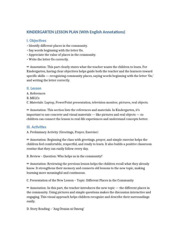 Kindergarten LessonPlan Annotated English | PDF | Teachers | Imagination